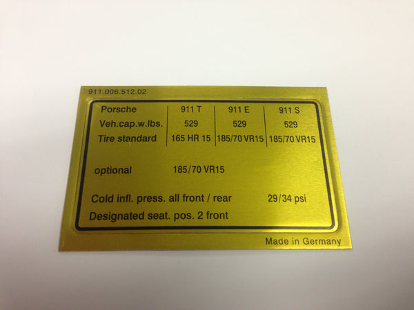 (New) 911 Vehicle Capacities and Tire Pressure Decal - 1970-73 - AASE Sales
