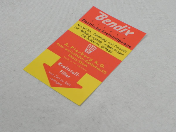 (New) 911 Concours-Quality Bendix Fuel Pump Sticker - 1965-68 - AASE Sales